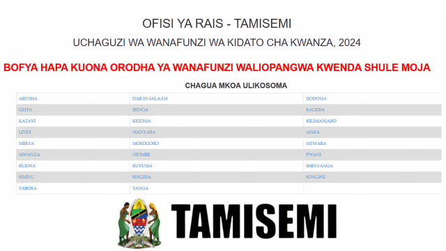 TAMISEMI Shule Walizopangiwa Darasa la Saba 2024/2025 Form one Selection